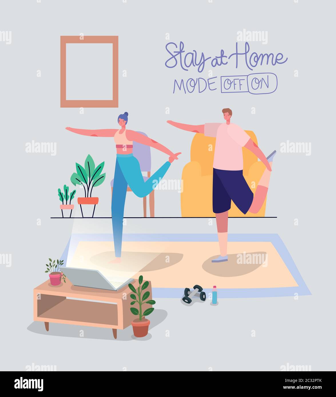 Woman and man cartoons doing exercise design of Stay at home and ...