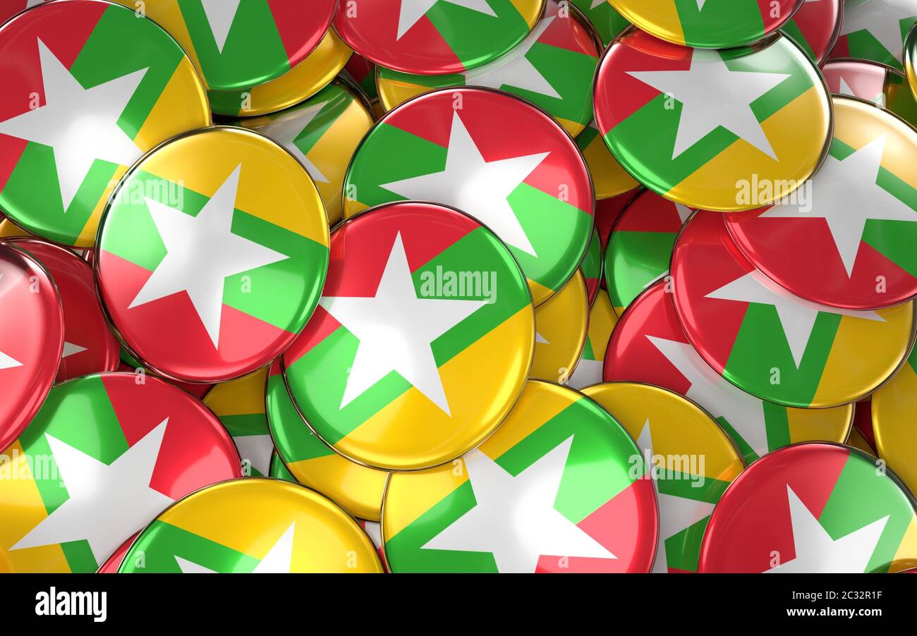 Myanmar Badges Background - Pile of burmese Flag Buttons. 3D Rendering ...