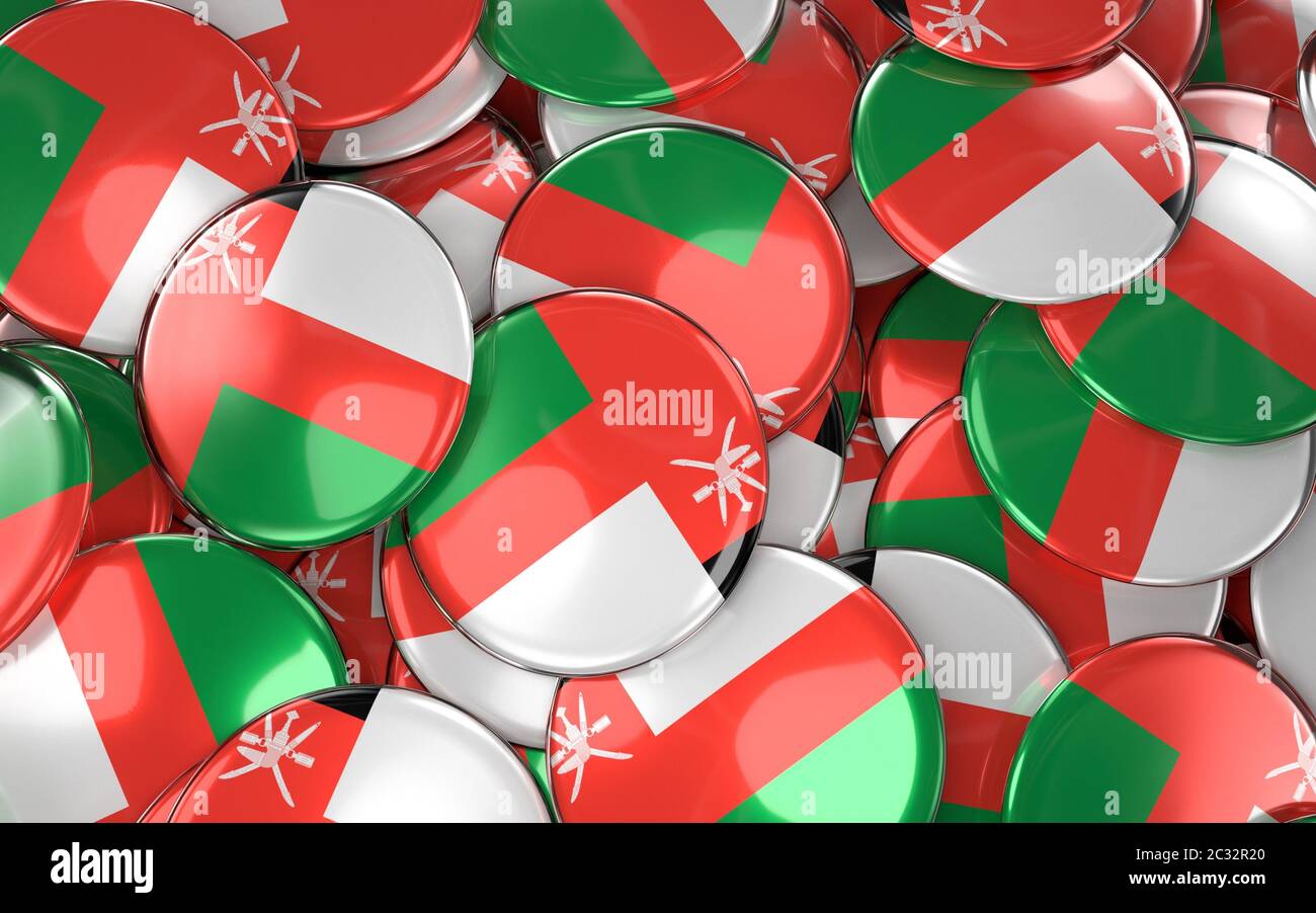 Oman Badges Background - Pile of Omani Flag Buttons. 3D Rendering Stock ...