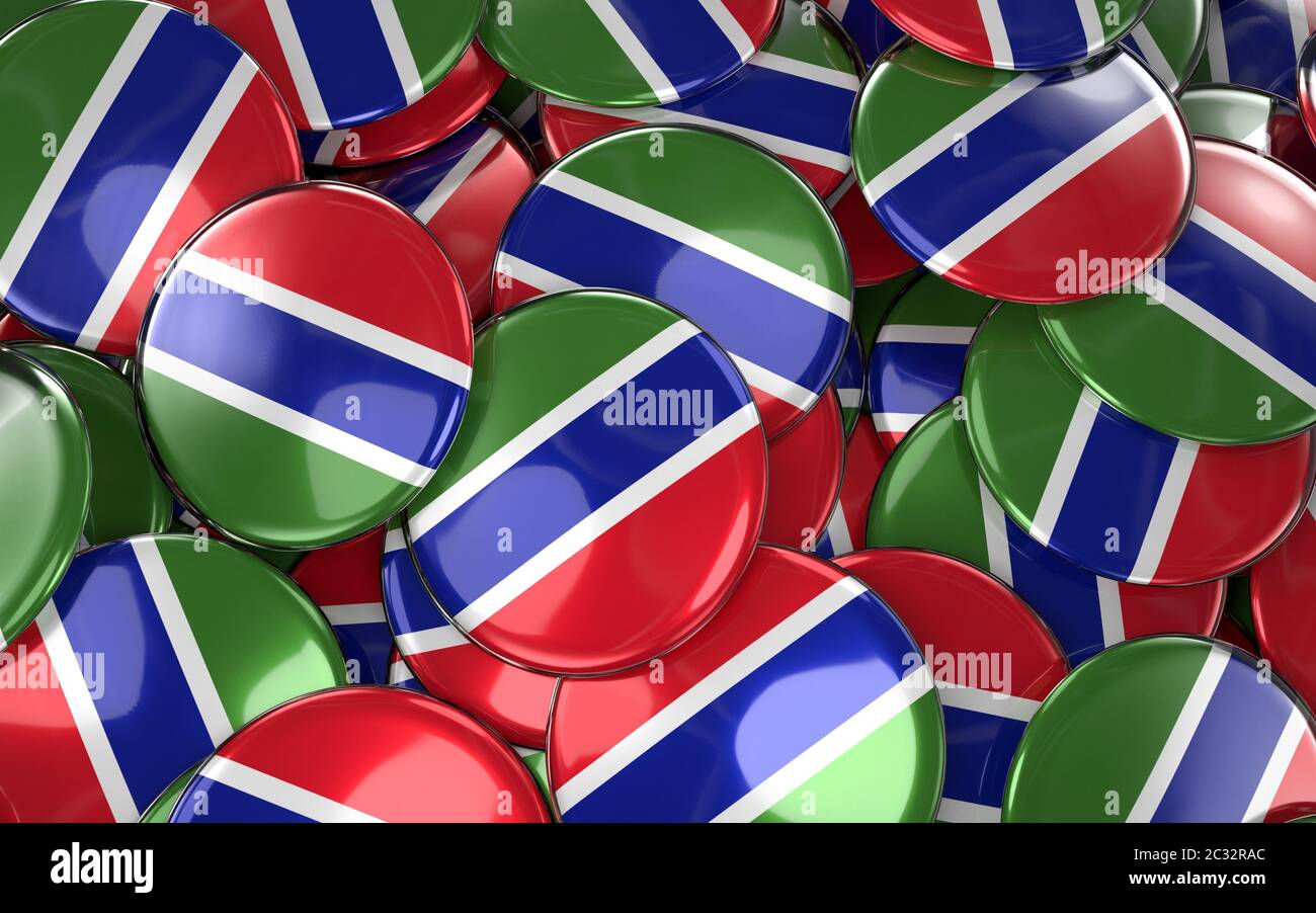 Gambia Badges Background Pile Of Gambian Flag Buttons 3d Rendering