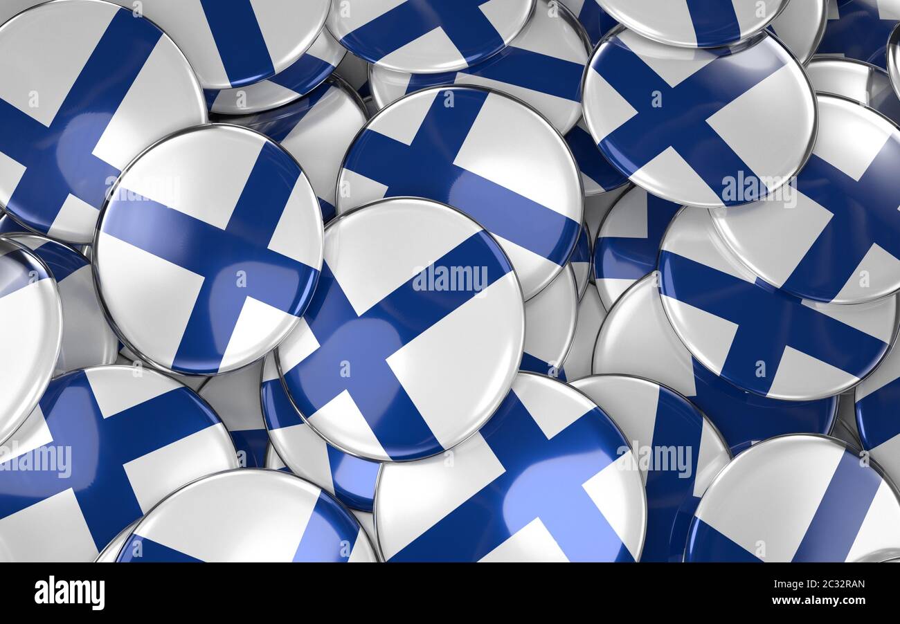 Finland Badges Background - Pile of Finnish Flag Buttons. 3D Rendering ...