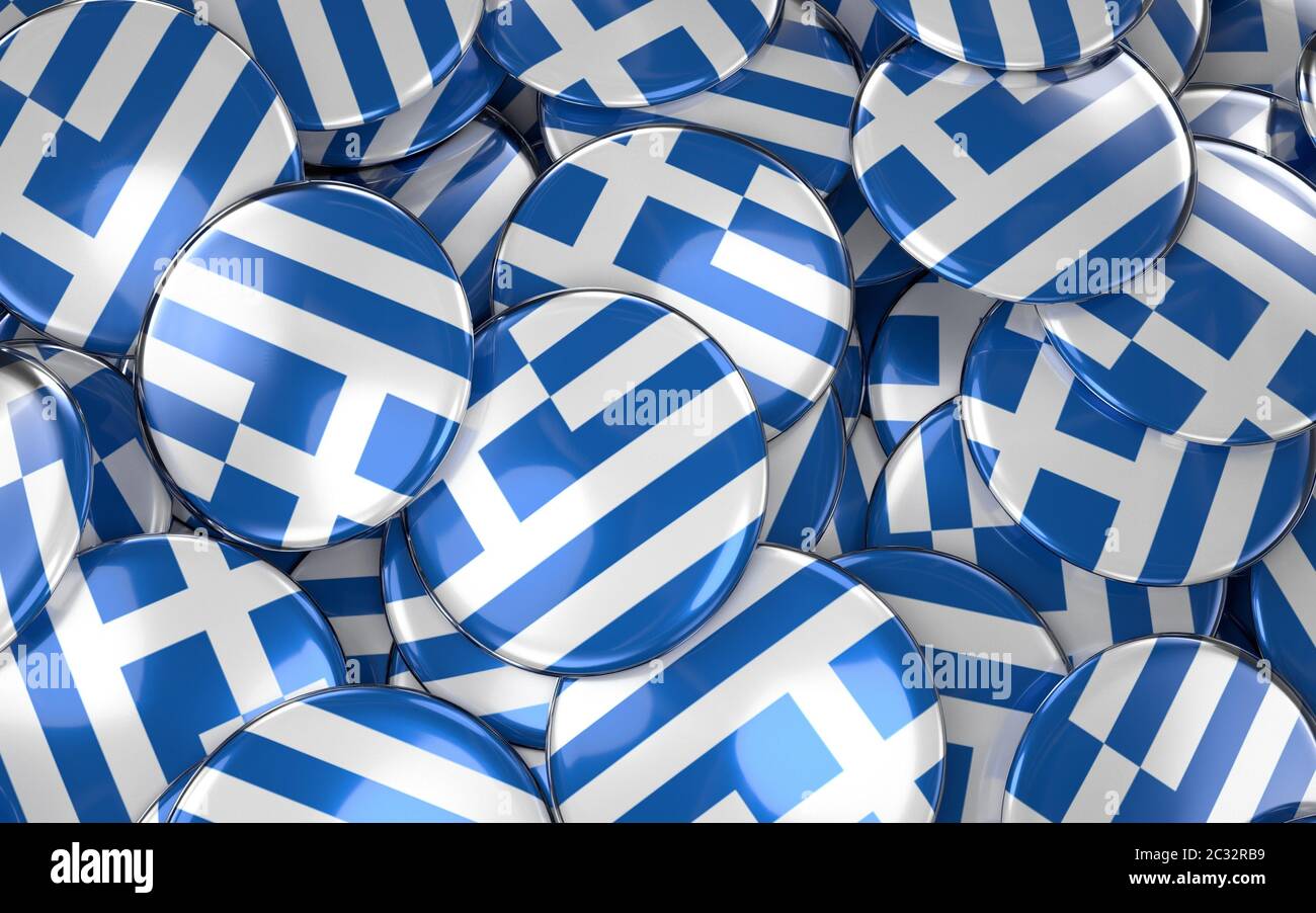 Greece Badges Background - Pile of Greek Flag Buttons. 3D Rendering ...