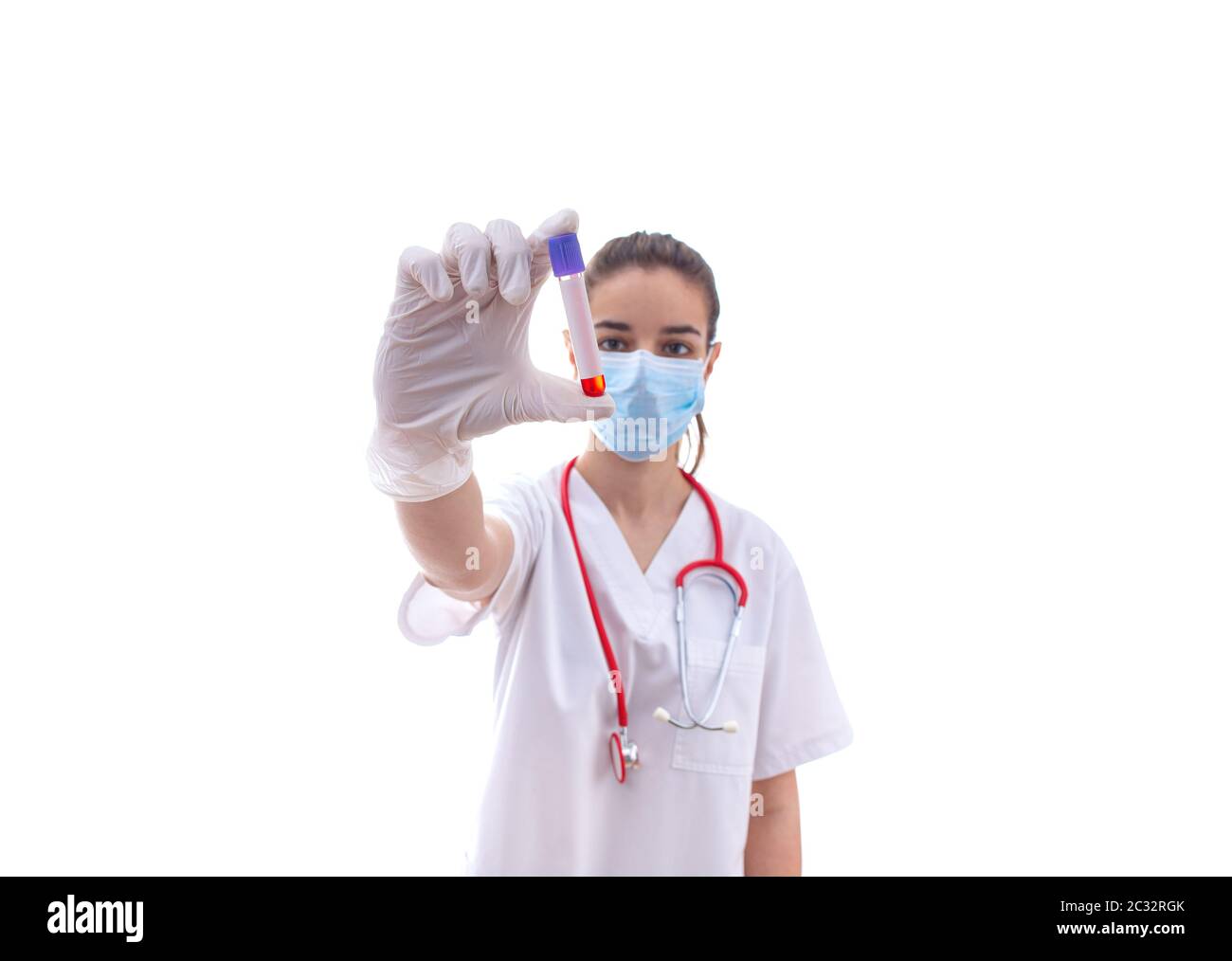 Medical assistent with a sample blood test tube on white background ...