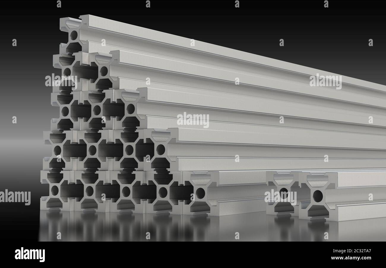 Several aluminum profile accessory isolated on white background. 3D ...