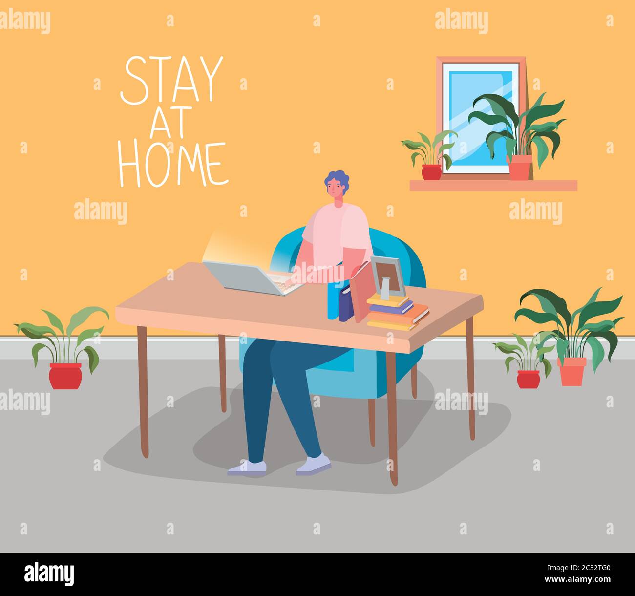 Man cartoon with laptop on desk design of Stay at home and activities ...