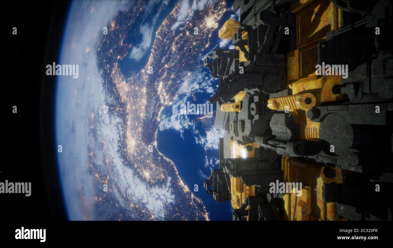 Spaceship with View on Space and Planet Earth Stock Photo - Alamy