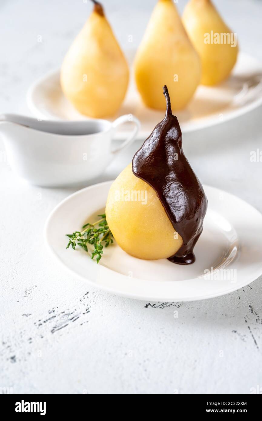 Poire belle Helene - French dessert made from poached pear served with ...