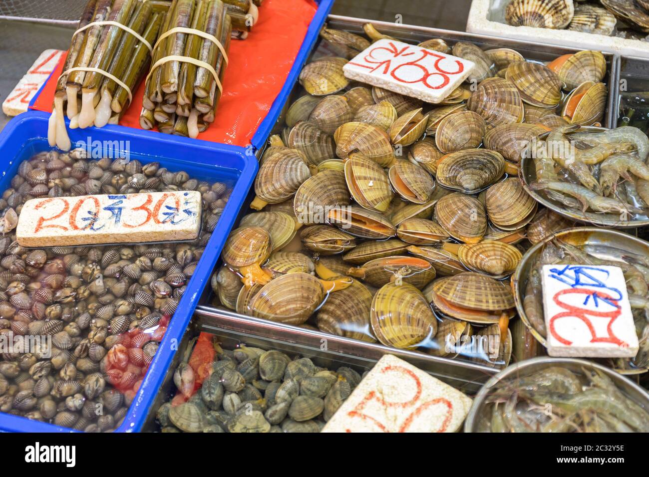 Fresh Clams Shells at Fish Market Stall Stock Photo - Alamy
