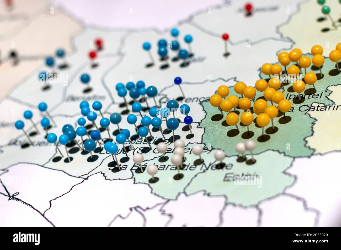 Close view of many pins on a map Stock Photo - Alamy