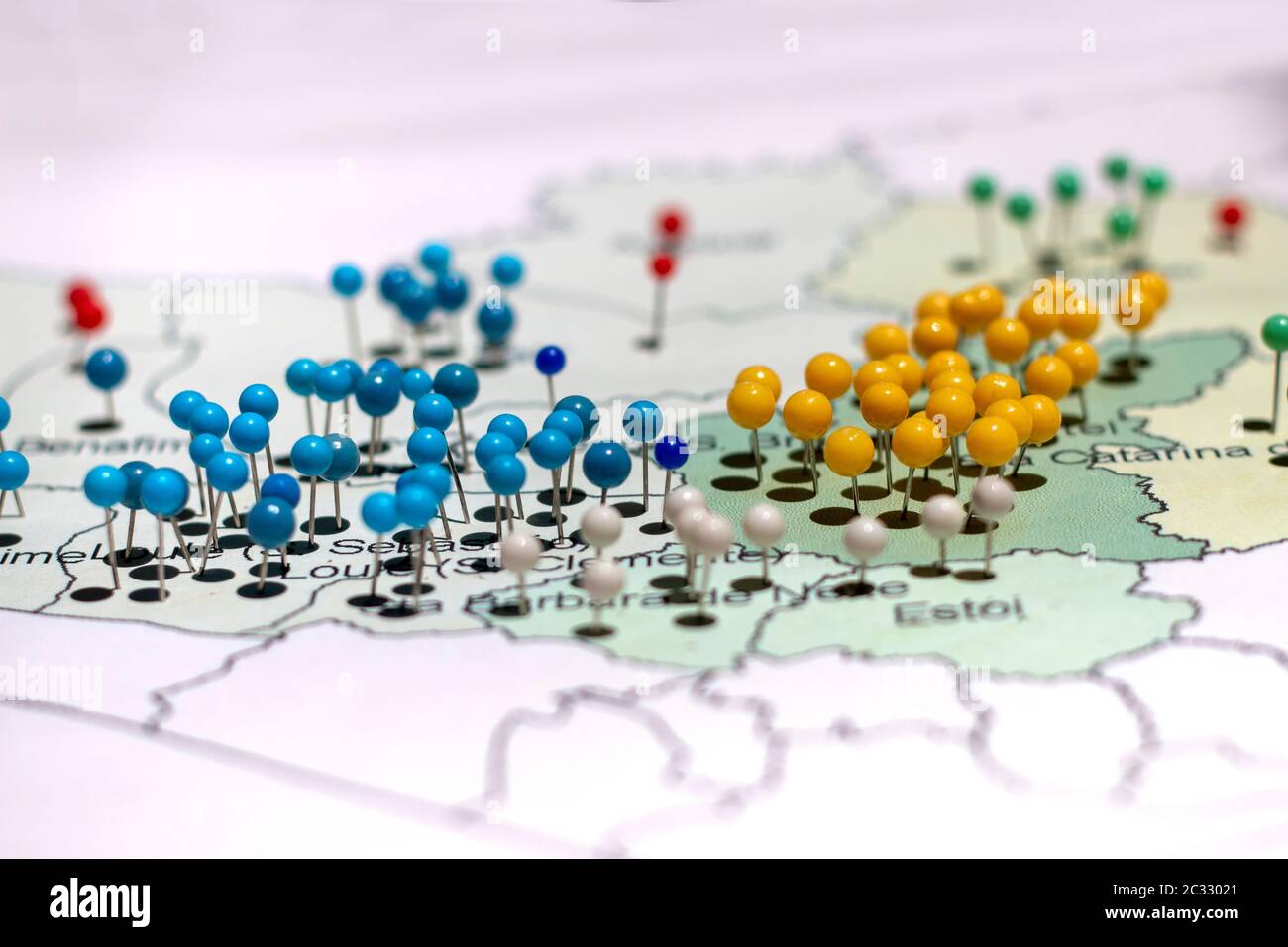 Close view of many pins on a map Stock Photo - Alamy