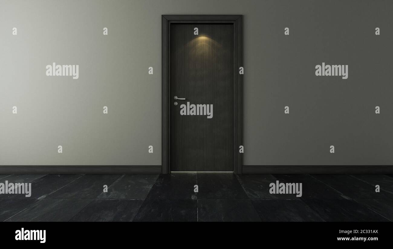 Black wooden door under spot light with wall and black stone floor 3D ...