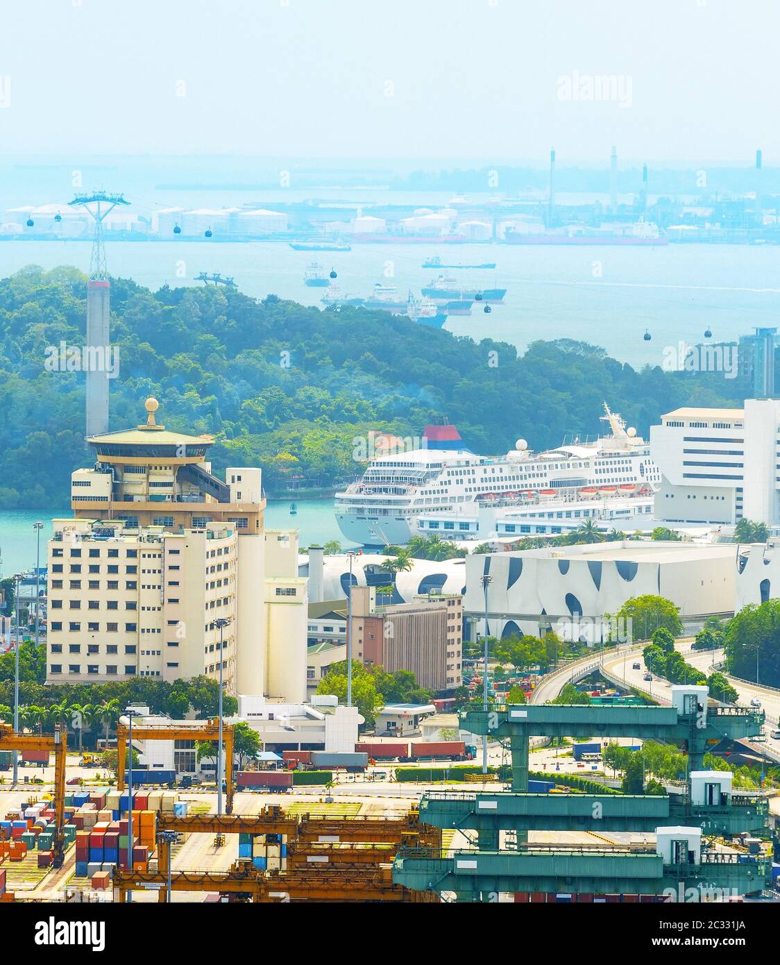 Aerial view of Singapore port, cruise ship and Sentosa island ...