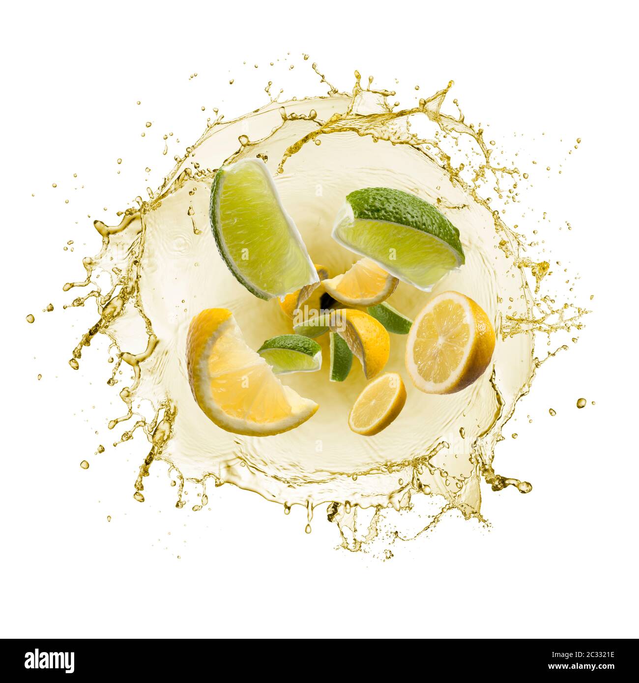 wave of splashing lemon juice with lemon slices, isolated on white ...