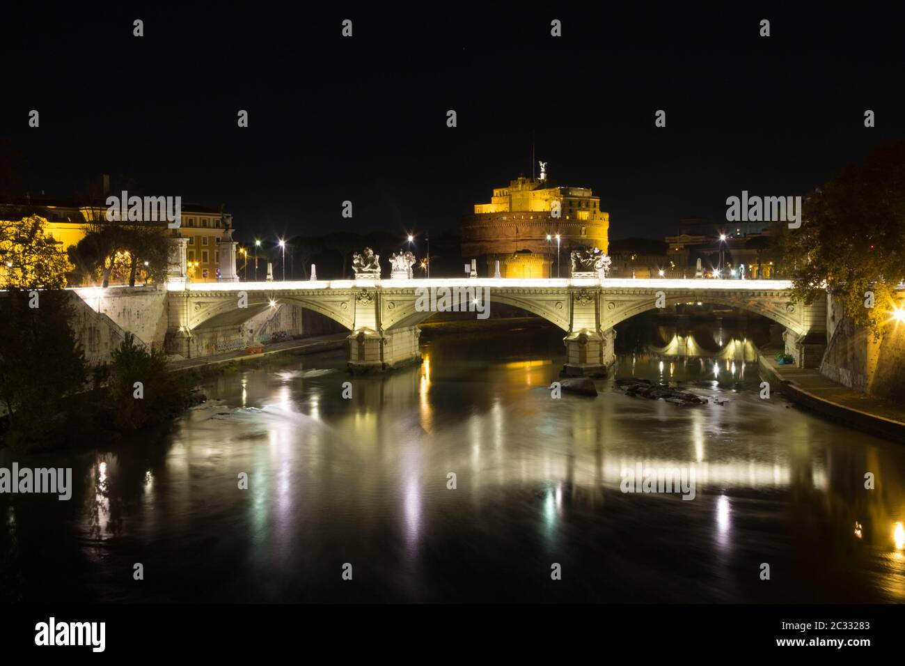 Night scene of Rome, Tevere river and Mausoleum of Hadrian. Italian ...