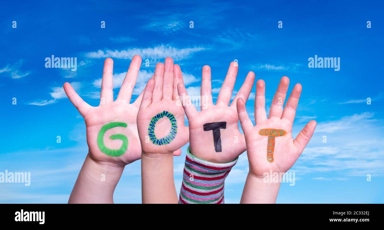 Children Hands Building Colorful German Word Gott Means God. Blue Sky ...