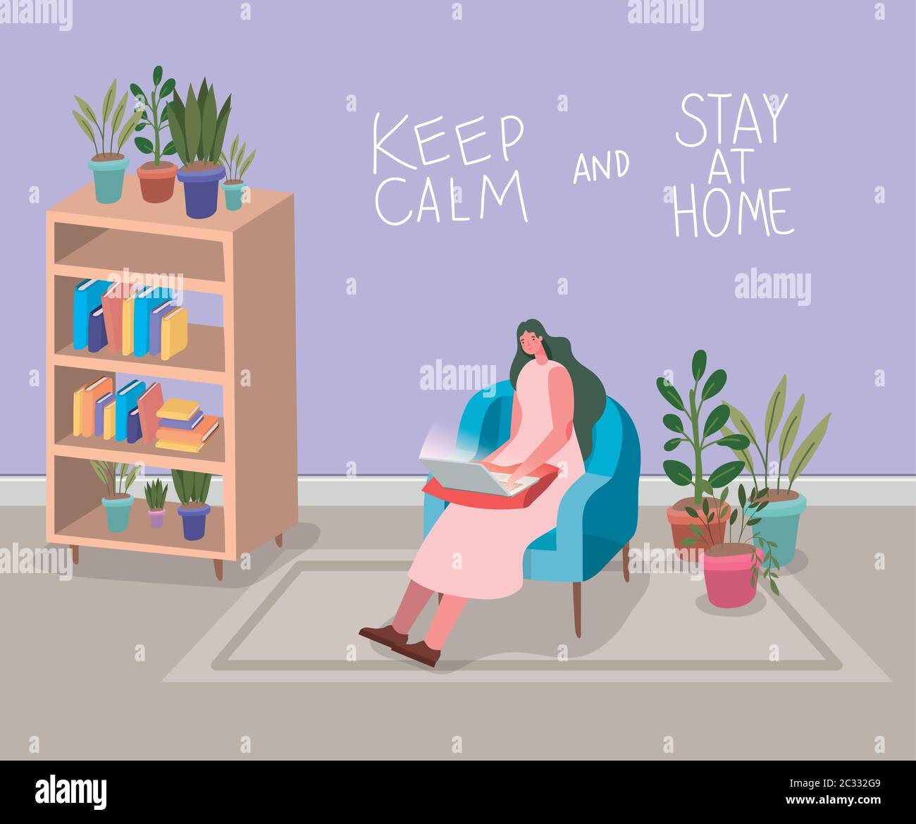 Woman cartoon with laptop on chair design of Stay at home and ...
