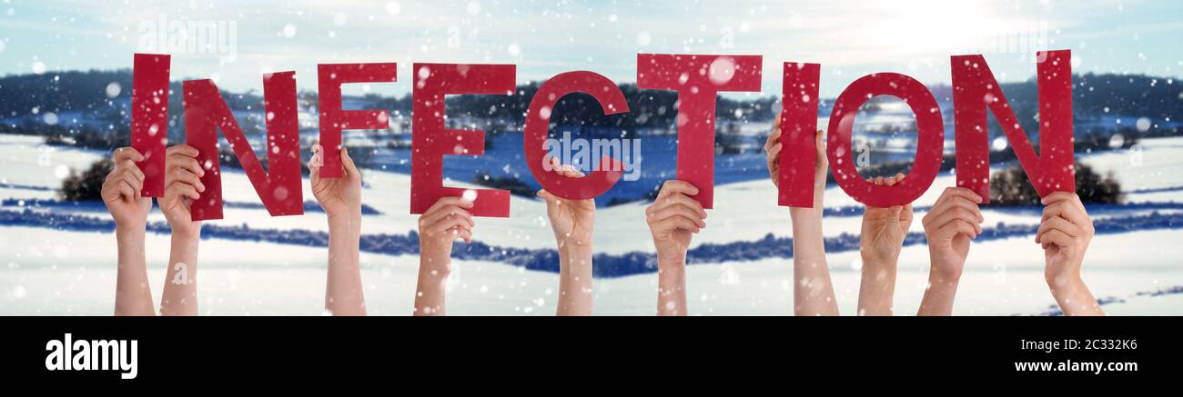 People Hands Holding Red English Word Infection. Snowy Winter ...