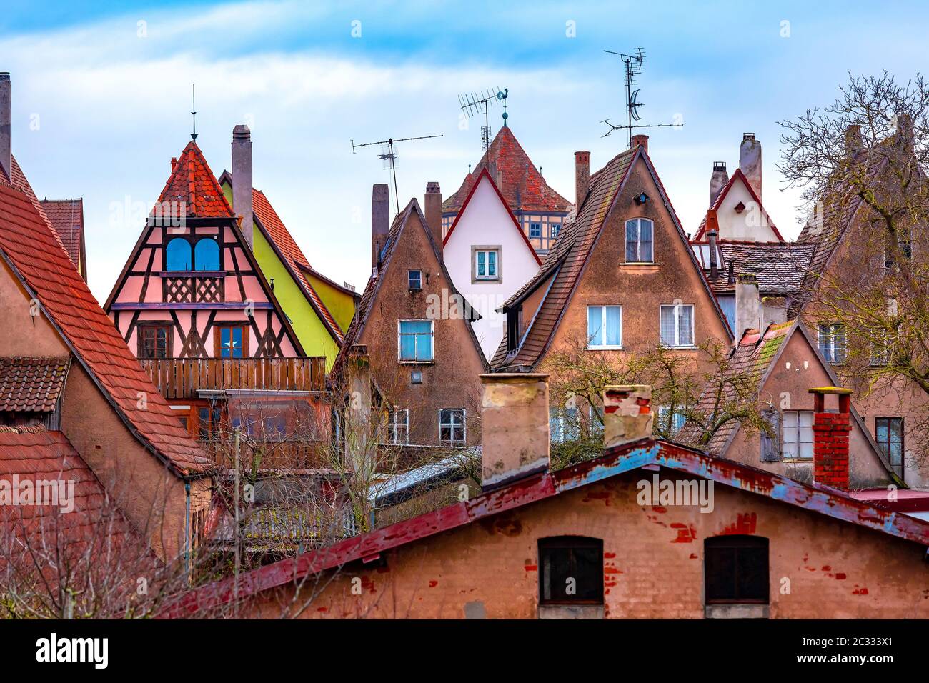 Aerial view from town wall of quaint colorful facades and roofs of ...