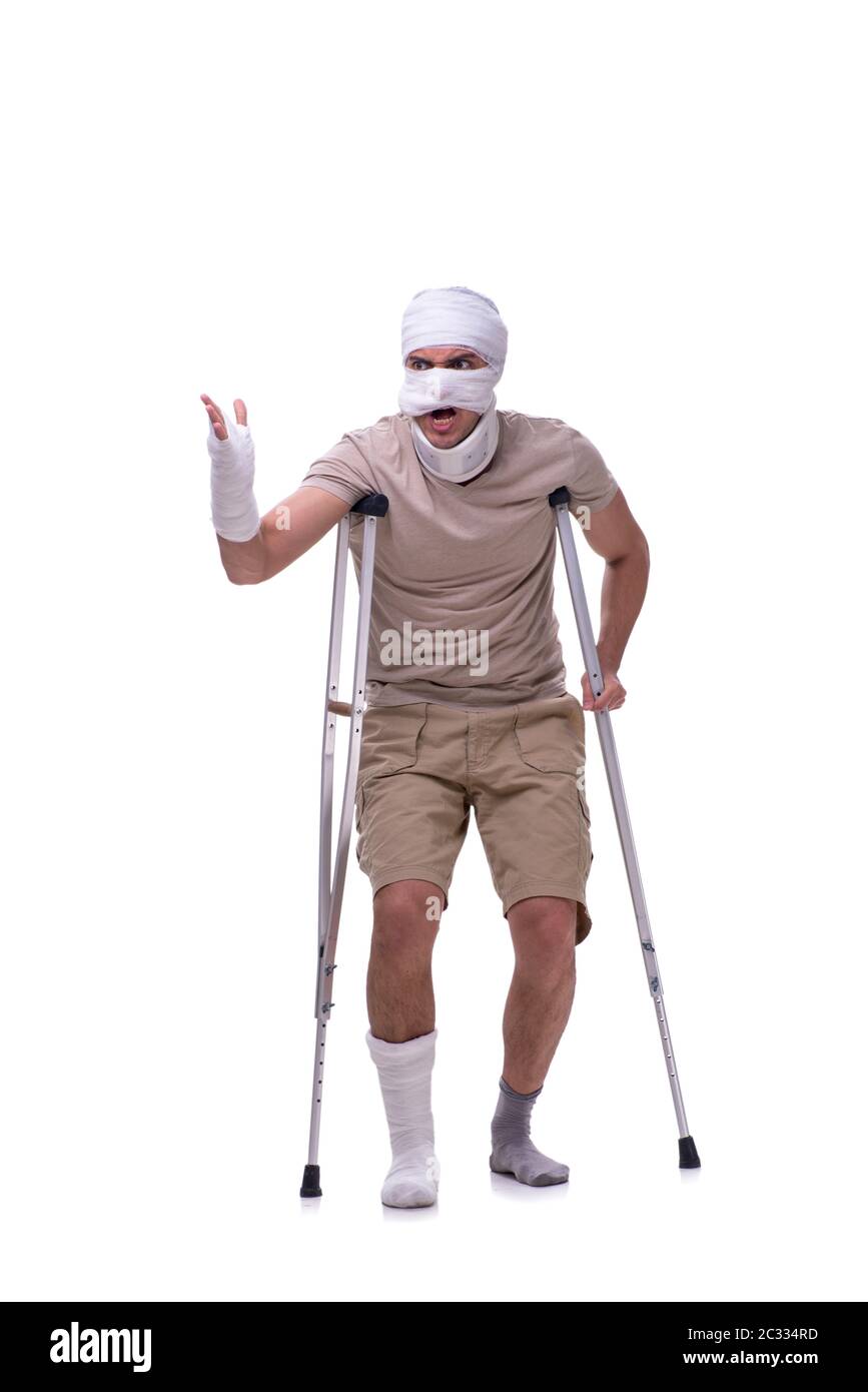 Man after car accident isolated on white Stock Photo - Alamy