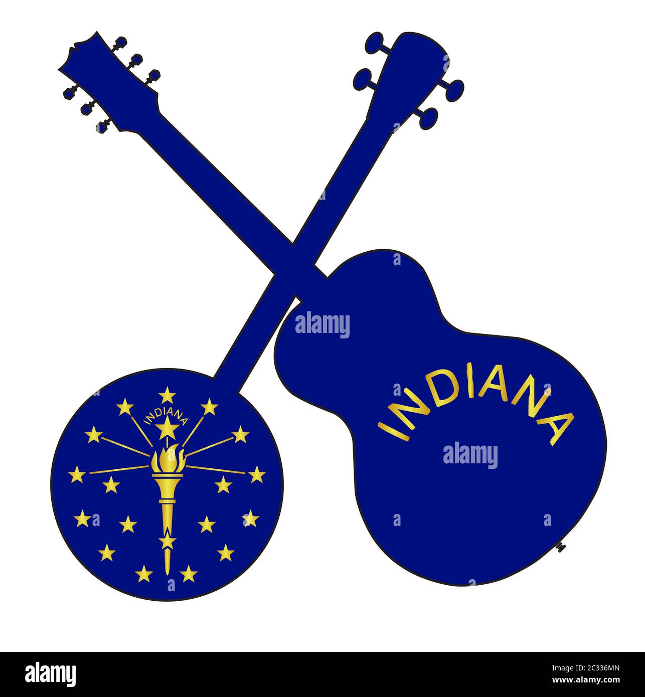 A typical four string banjo in silhouette with an acoustic guitar over ...