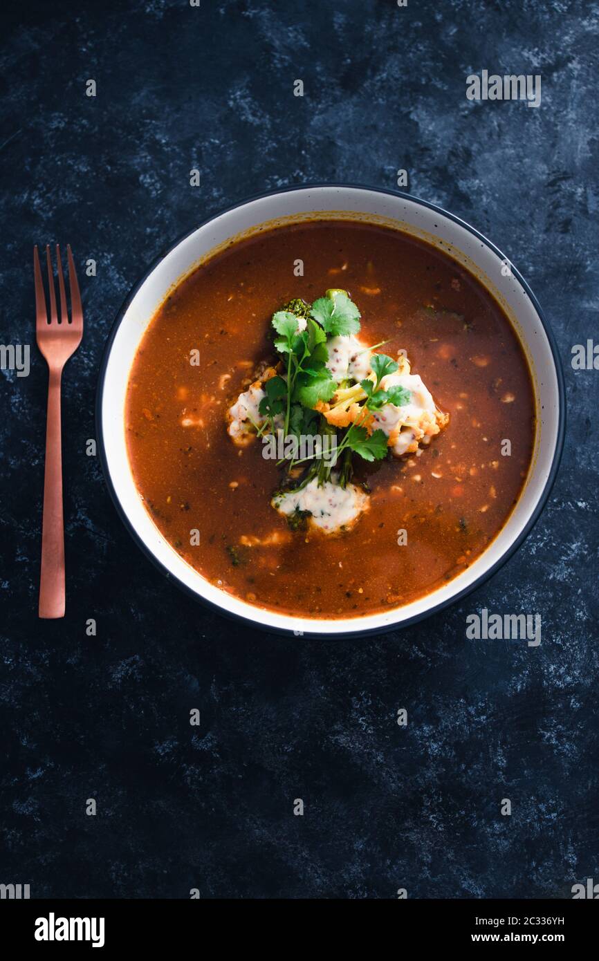healthy plant-based food recipes concept, vegan lentil soup with ...