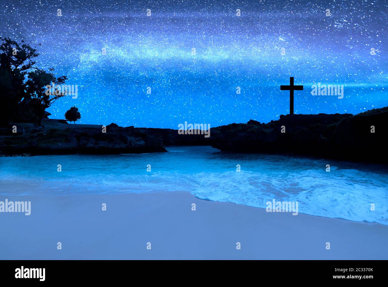 Christian Cross on the beach with a night scene background Stock Photo ...