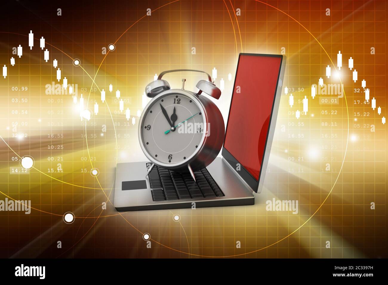 Laptop with alarm clock Stock Photo - Alamy