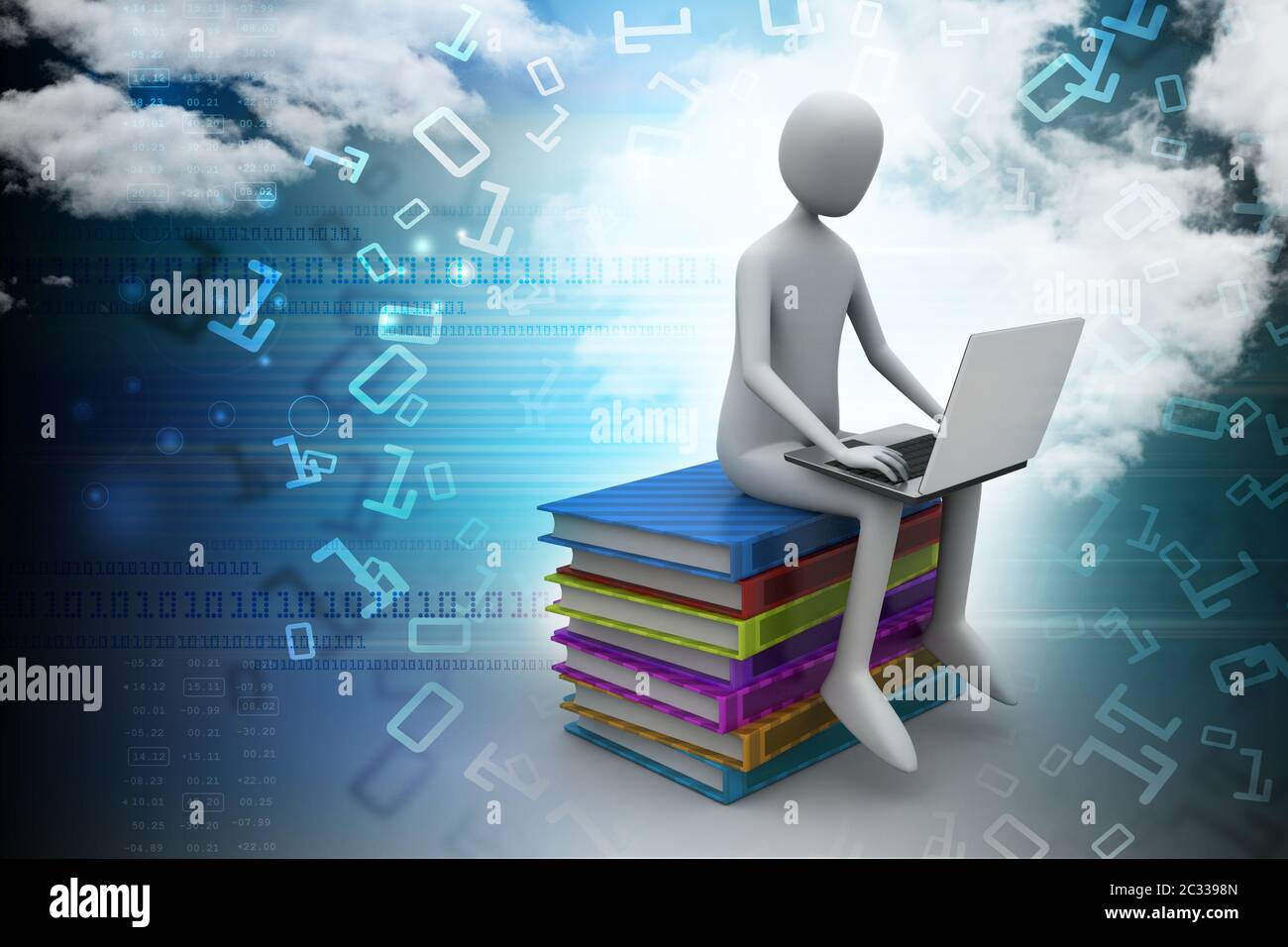 3d man sitting on books and working at his laptop Stock Photo - Alamy