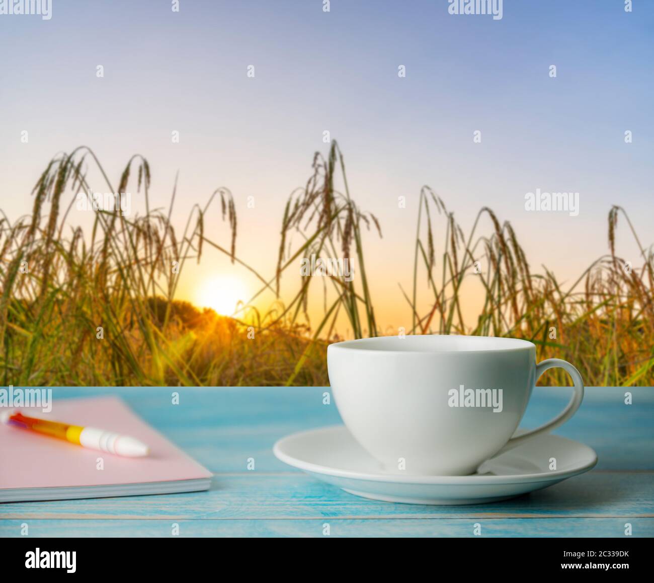 A cup of coffee and notebook with blurred rice field rural with ...