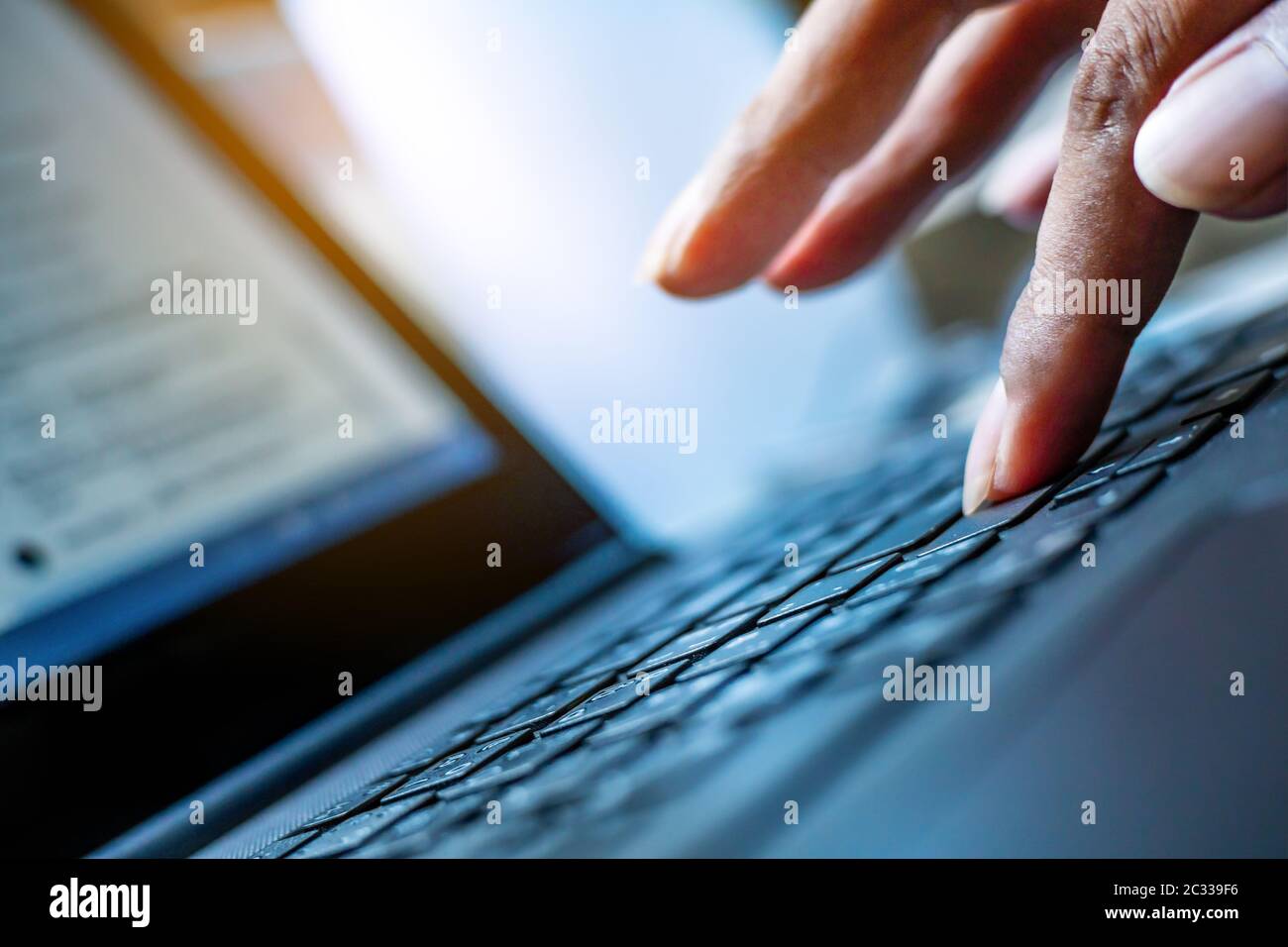 Technology and connecting concept, Hand human with keyboard on notebook ...