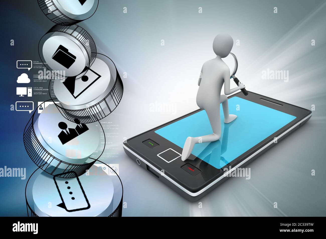 3d man analysing the tablet through magnifier Stock Photo - Alamy