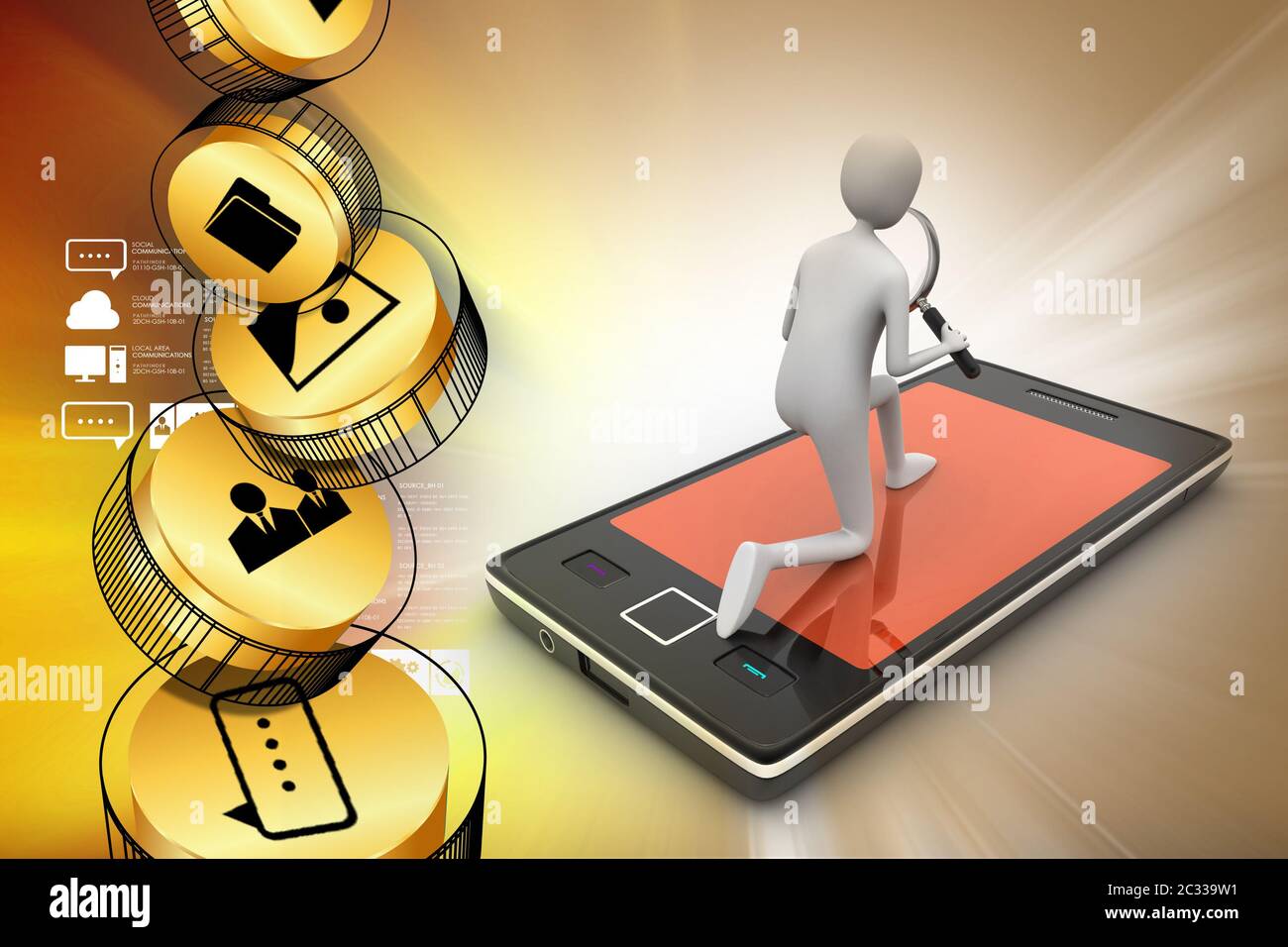 3d man analysing the tablet through magnifier Stock Photo - Alamy