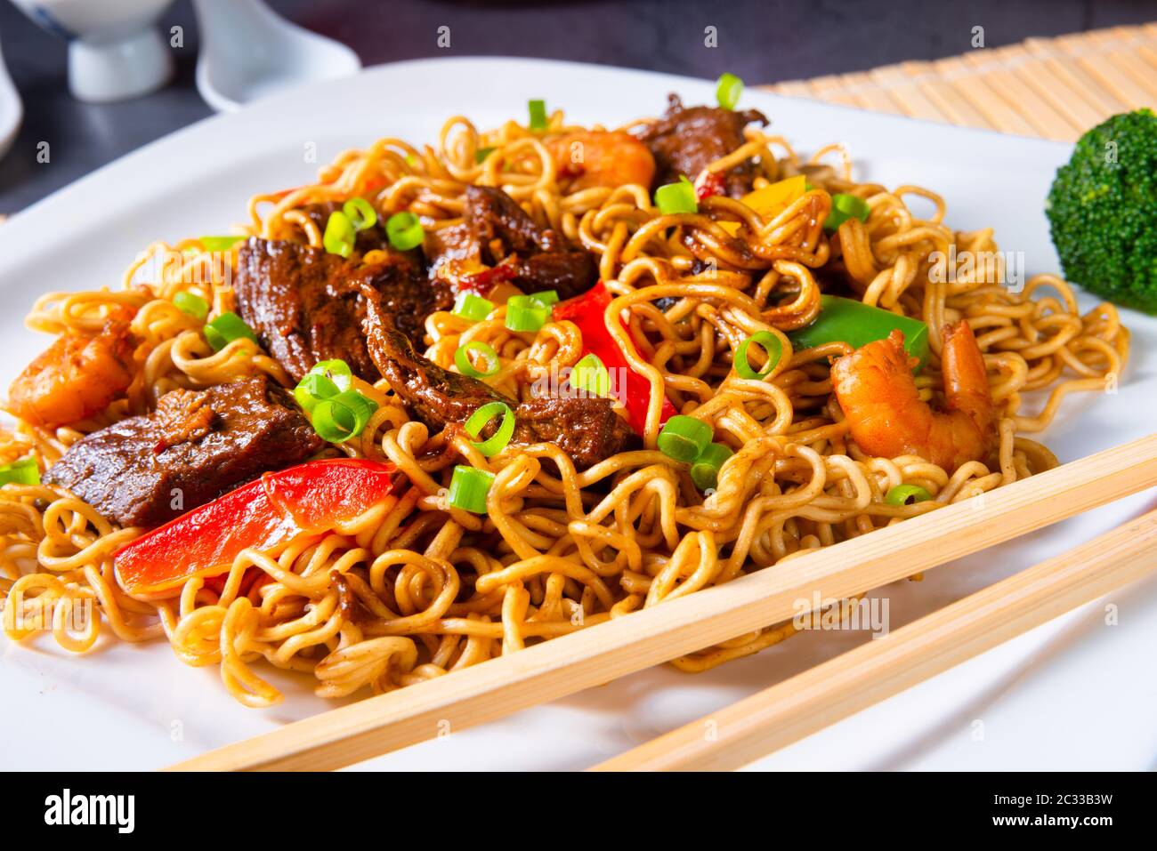 Fried Mie noodles with beef and vegetables Stock Photo - Alamy