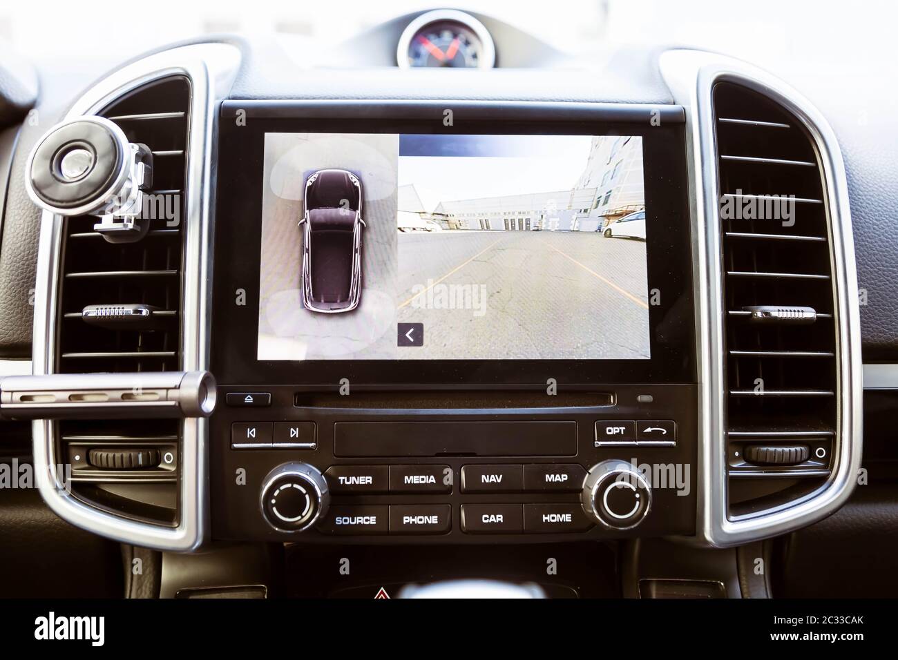 Display in interior of luxury car shows working of front camera in ...