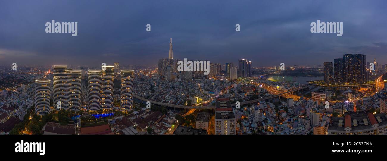 Spectacular aerial drone panorama of Saigon, Vietnam city skyline at ...