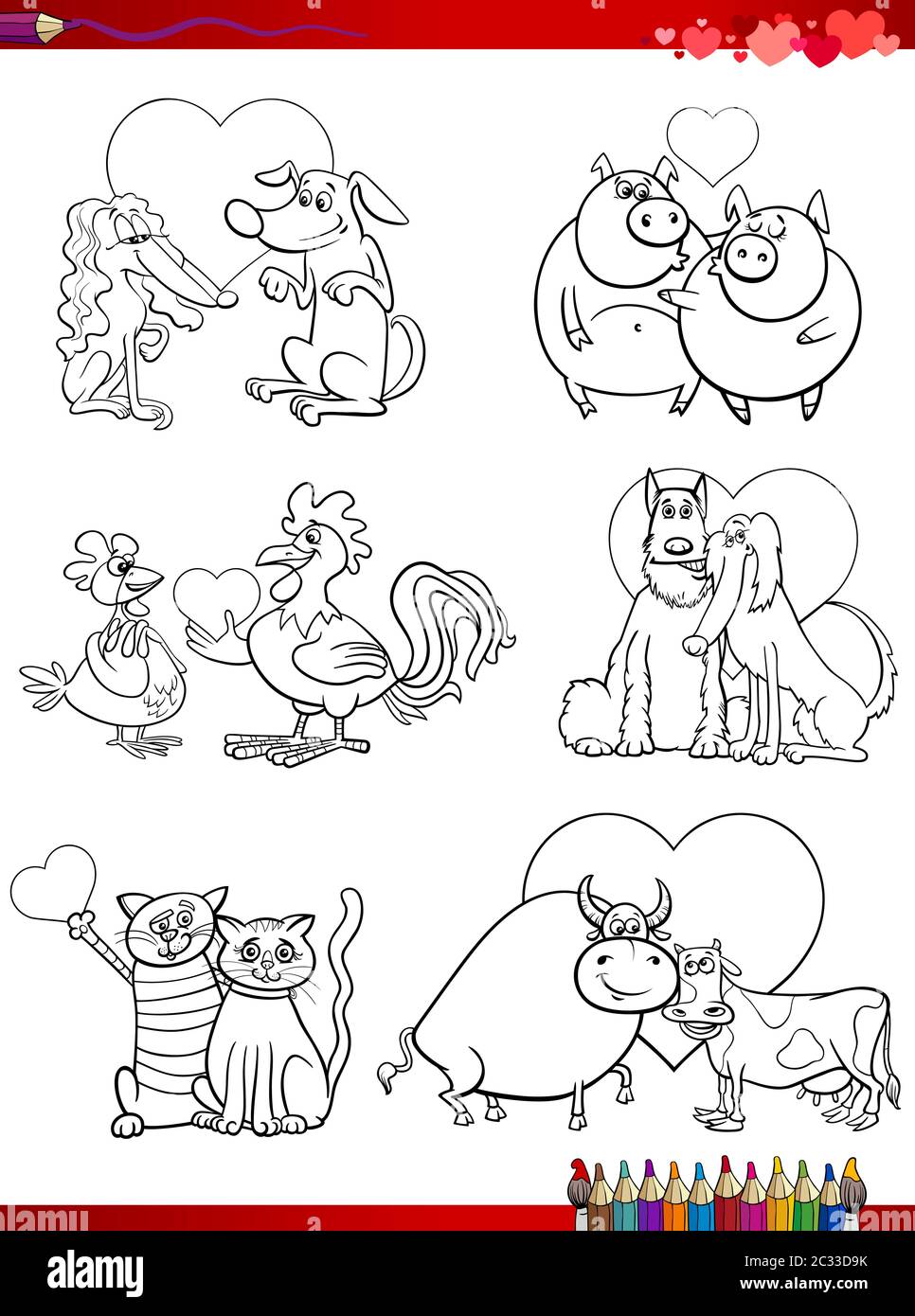 animal couple in love cartoons coloring book page Stock Photo - Alamy