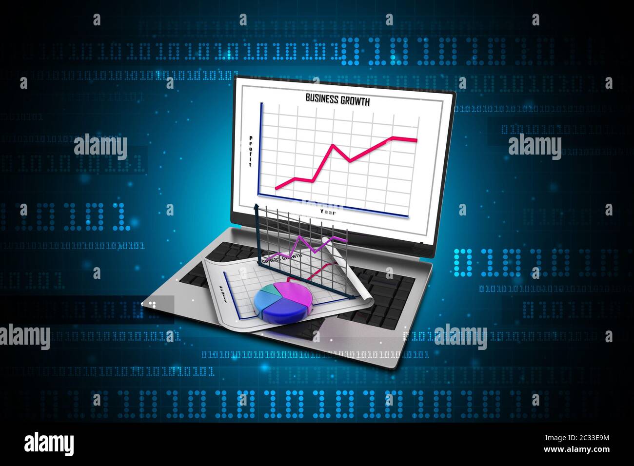 Laptop showing a spreadsheet and a paper with statistic charts Stock ...