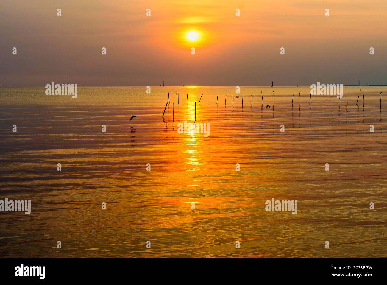 Beautiful nature landscape bright yellow sun reflecting orange light on ...
