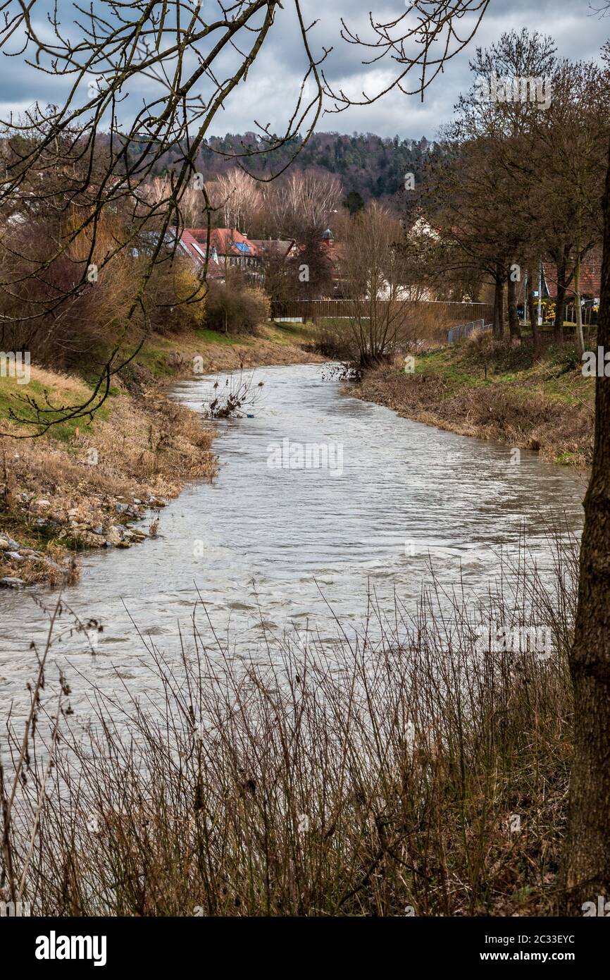 Little river through the green countryside along the village Stock ...