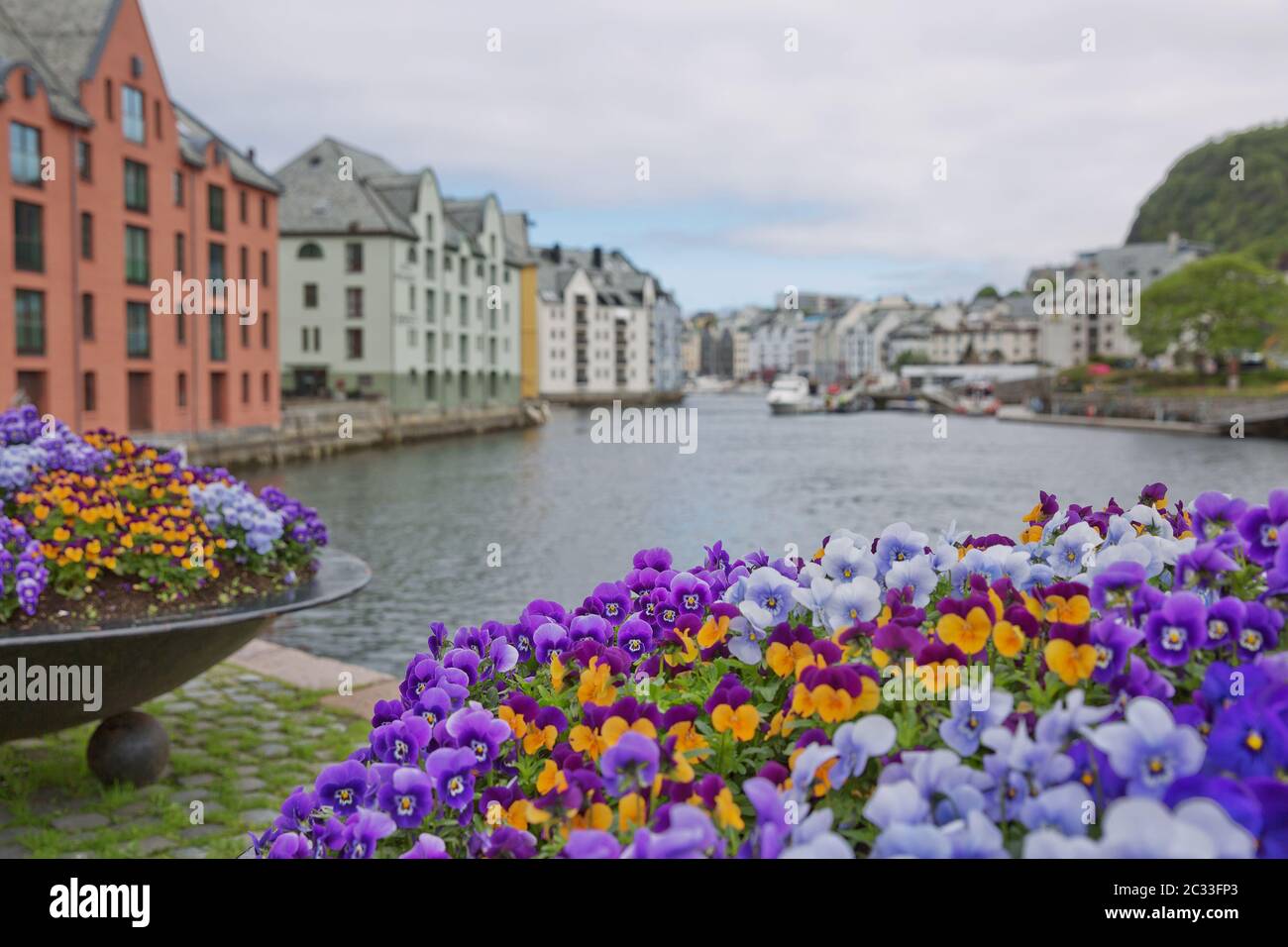 Alesund old town seafront view with Art Nouveau style houses and ...
