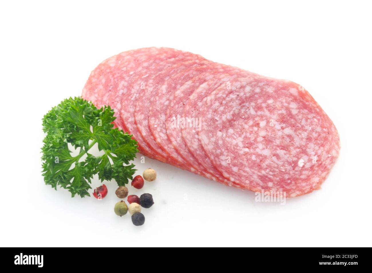 Slices Of Salami Isolated On White Stock Photo - Alamy