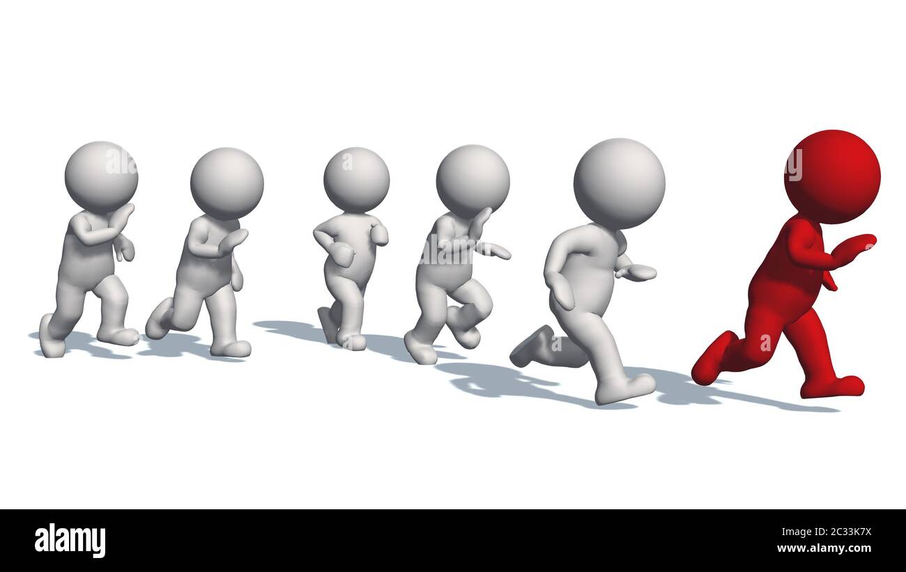 Several white 3D figures running with a red figure Stock Photo - Alamy