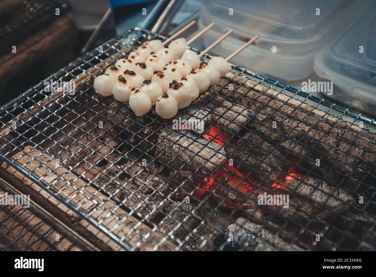 Mochi on a sticks, sweet rice cake dessert, at Nishiki market, Kyoto ...