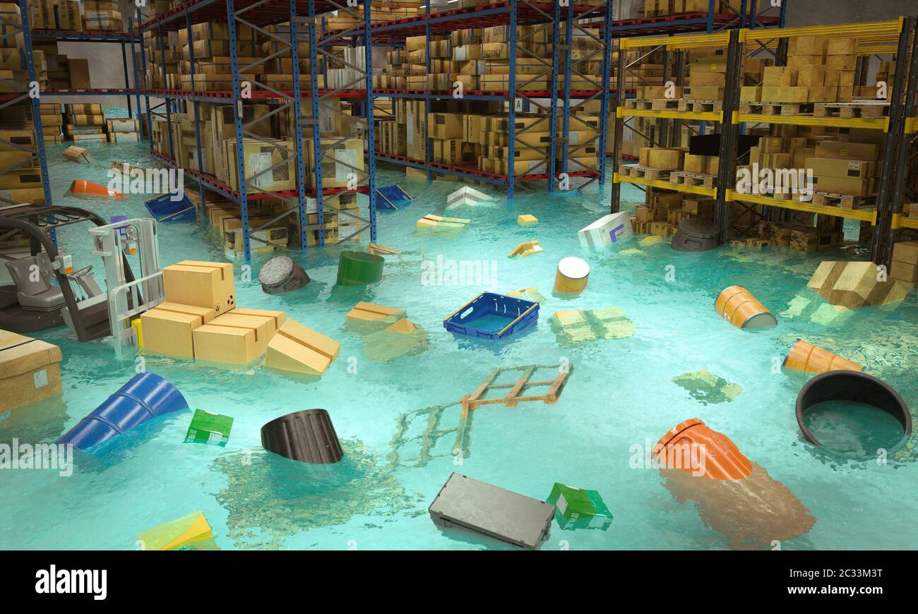 3d render image of an interior of a flooded warehouse with goods ...