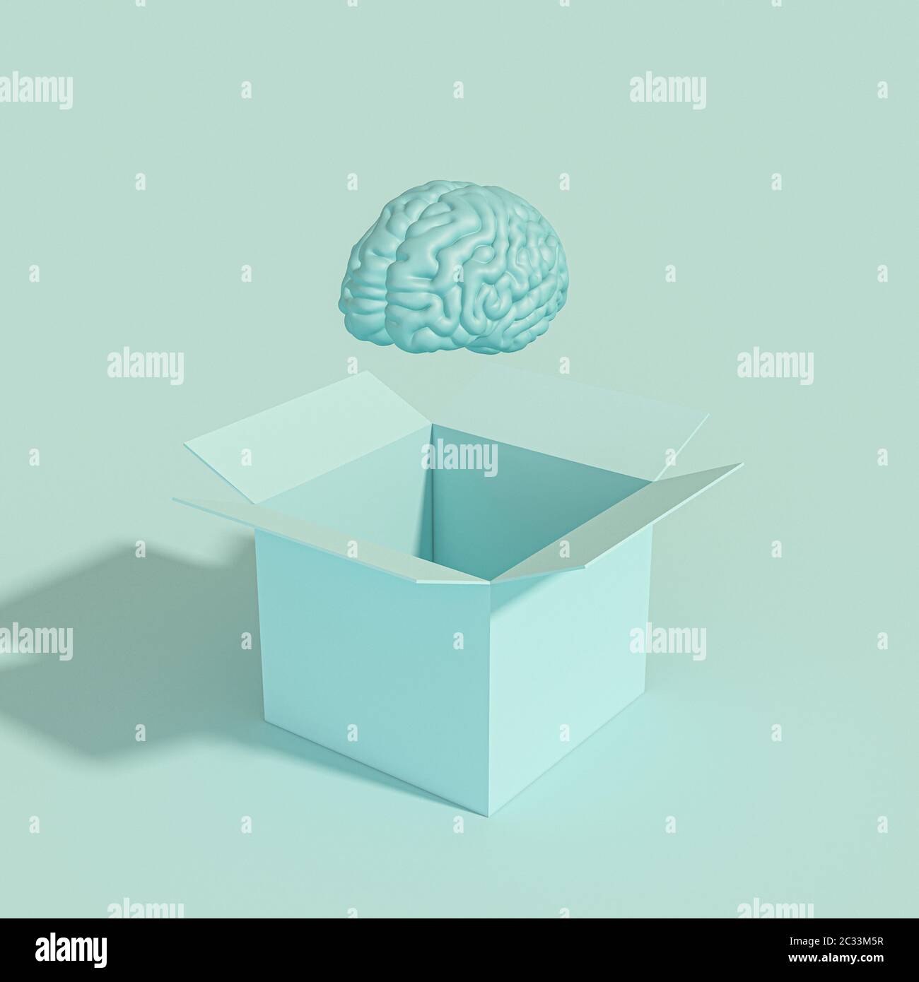 human brain coming out of a box, 3d image render in blue tone ...