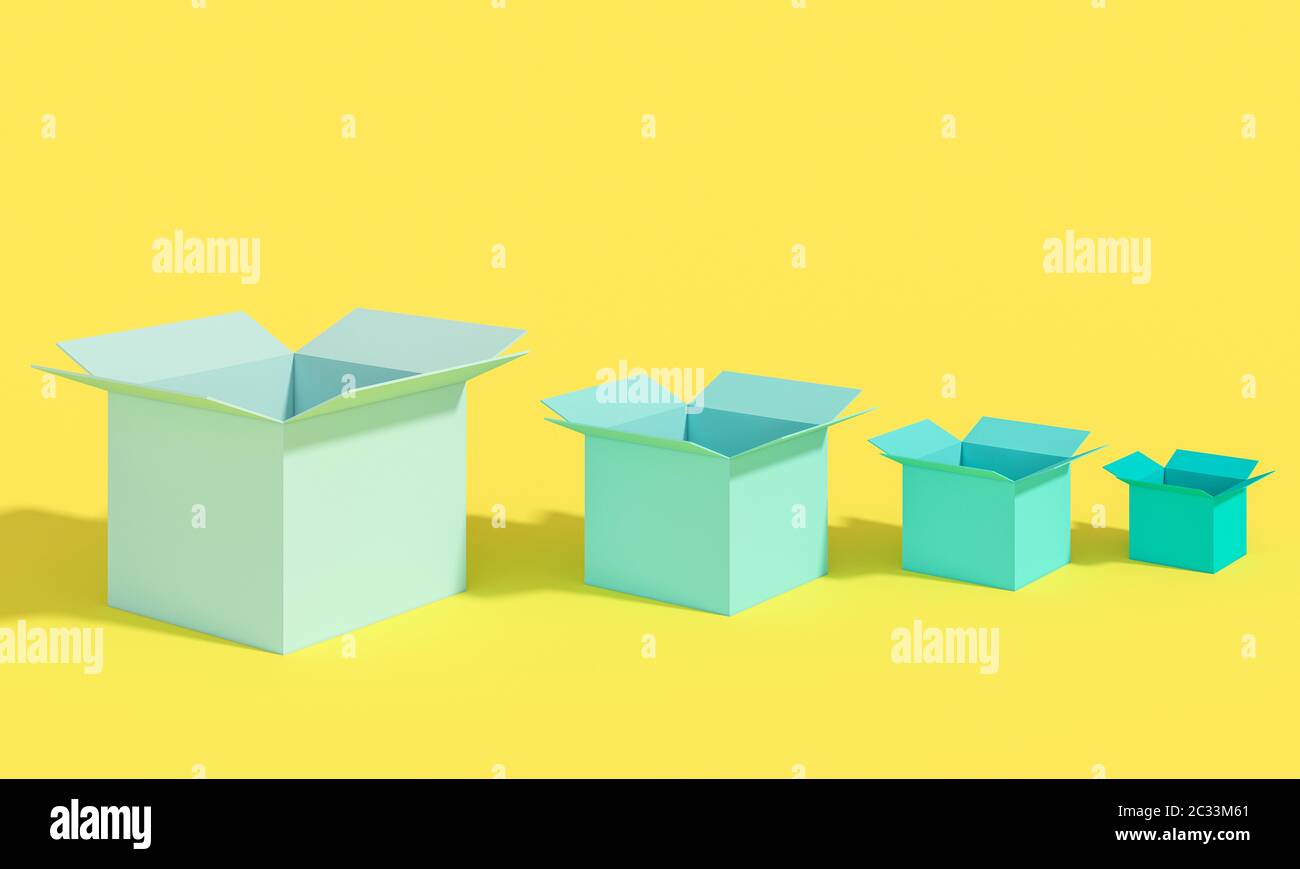 3d render image of several empty open boxes of different sizes on a ...