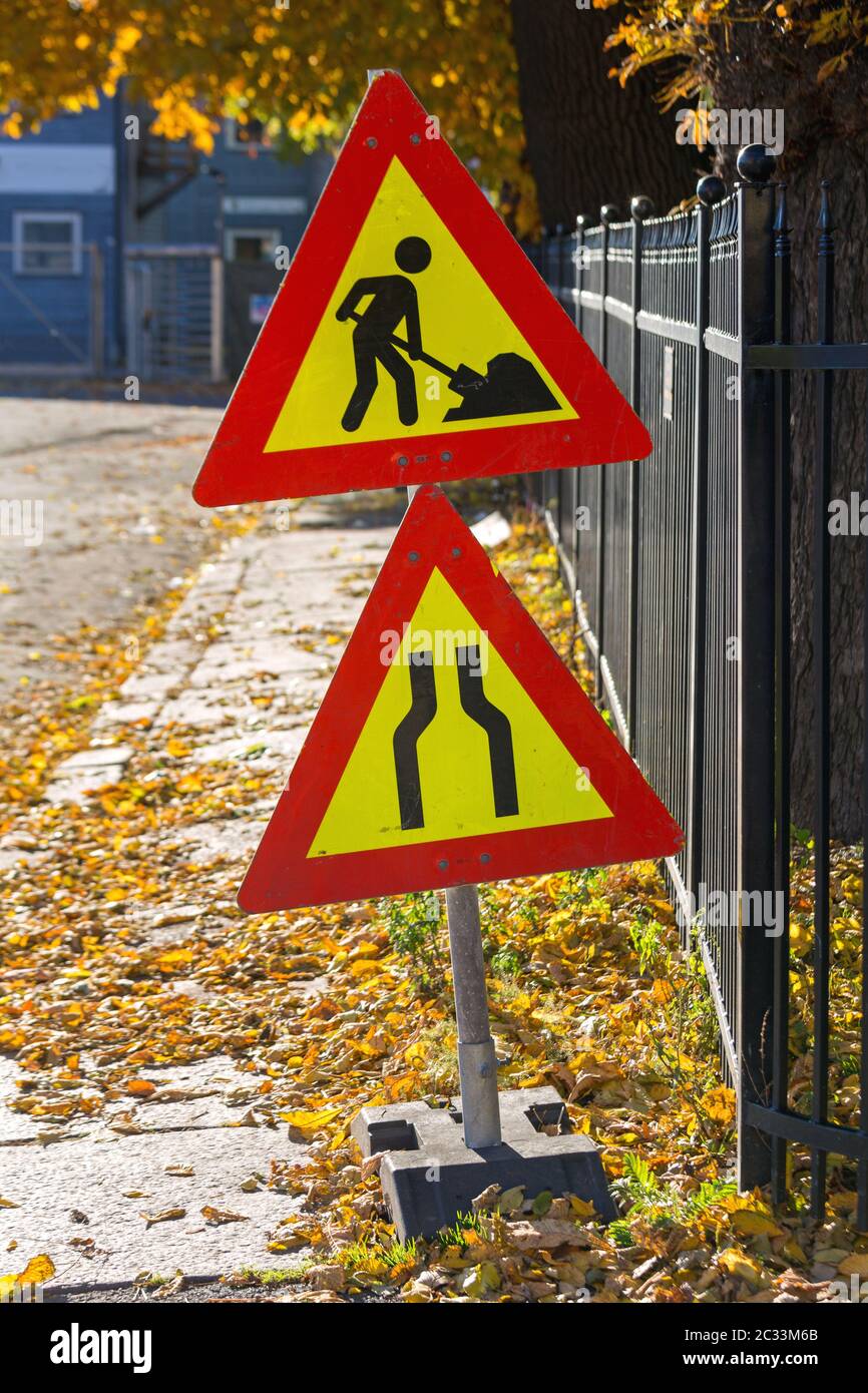 Temporary Traffic Sign Pole For Road Works at Street Stock Photo - Alamy