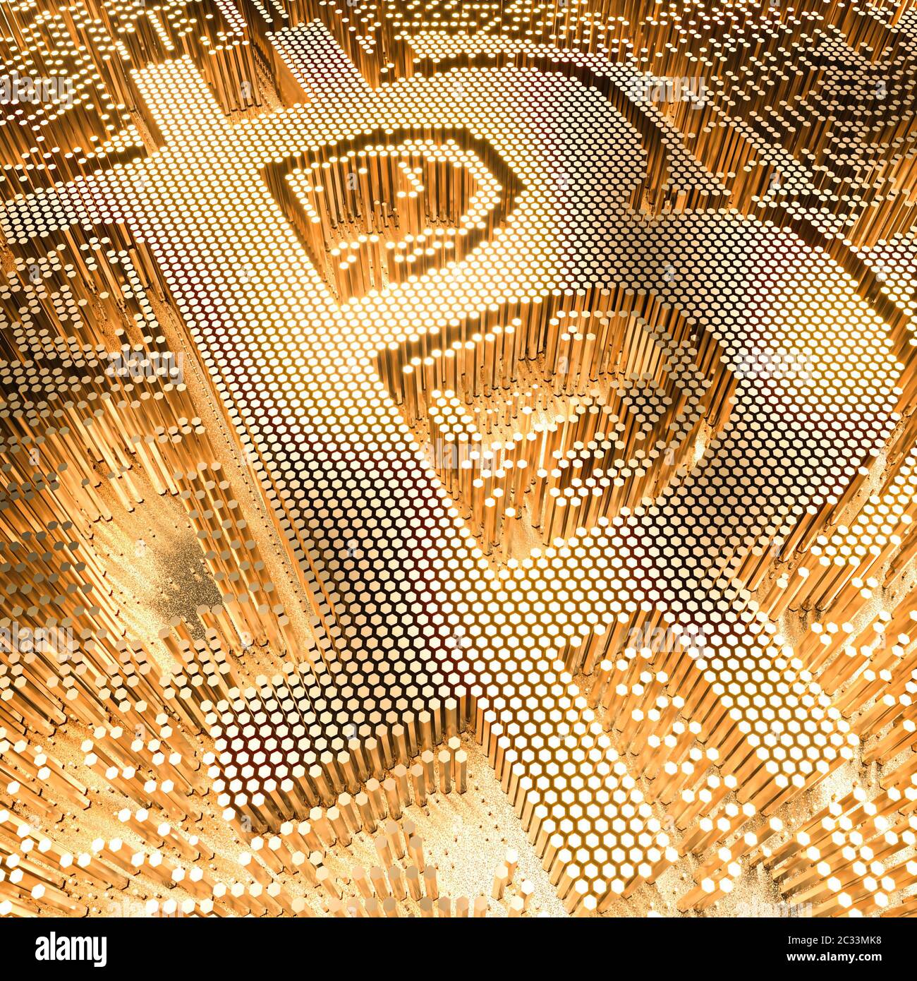 3d render image of a gold colored bitcoin symbol composed of hexagonal ...