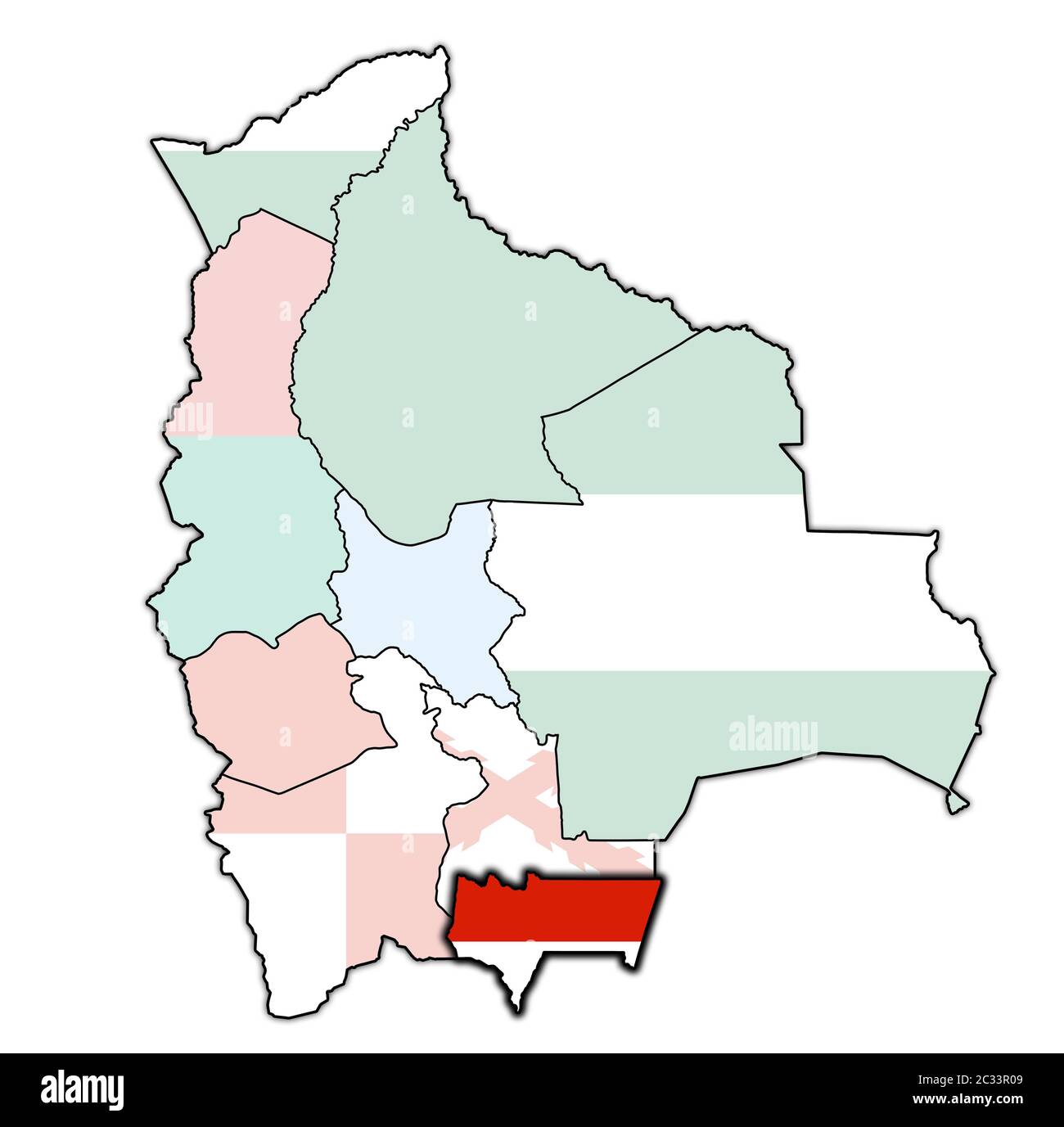 territory and flag of Tarija region on map with administrative ...
