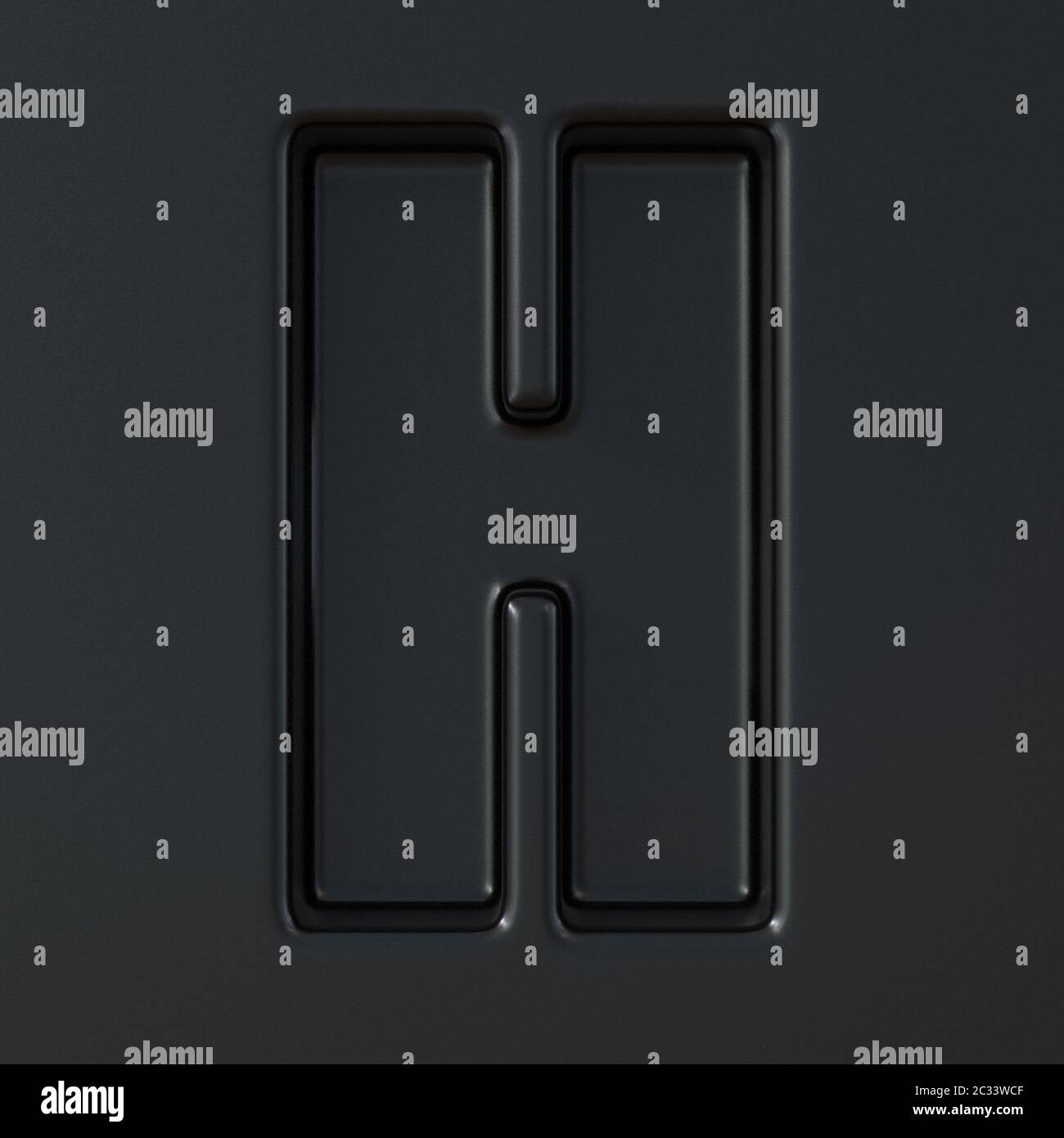 Black engraved font Letter H 3D render illustration on black background ...